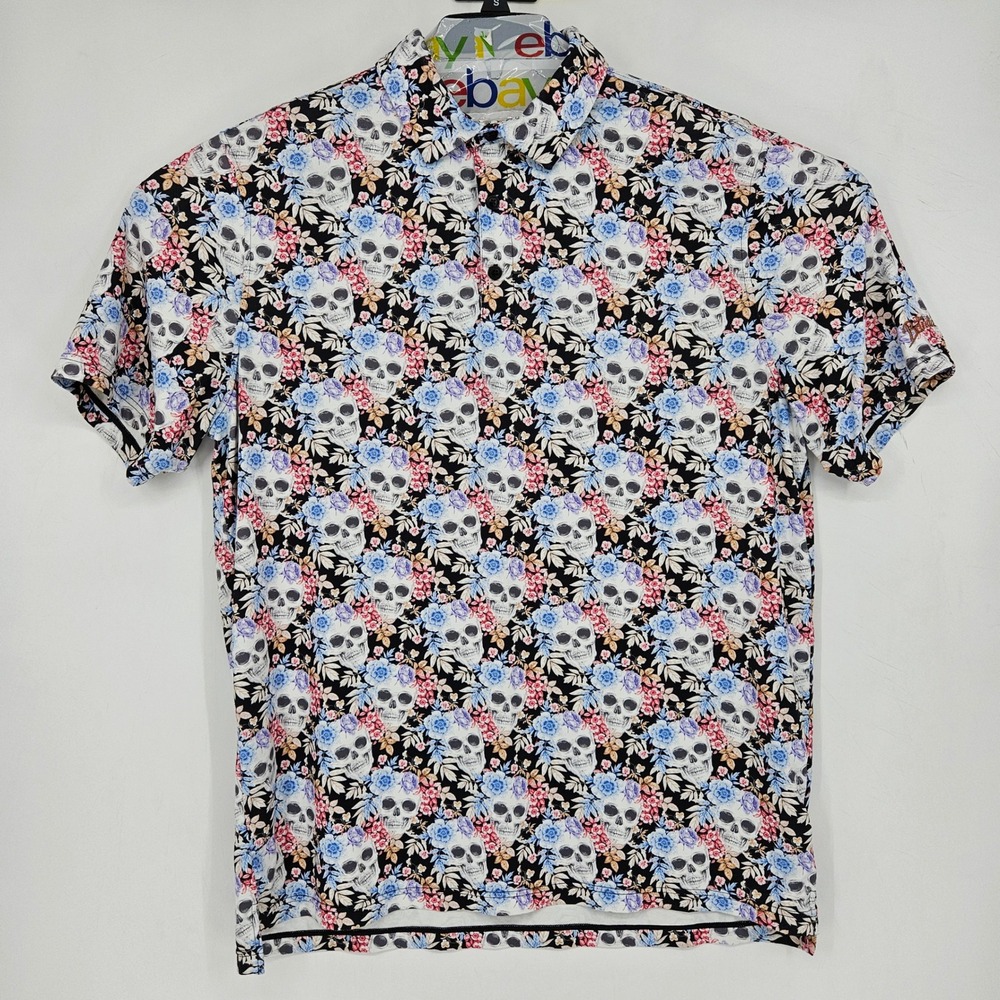 1764 Polo Shirt Mens Extra Large Skulls Floral Aop Go… - Gem